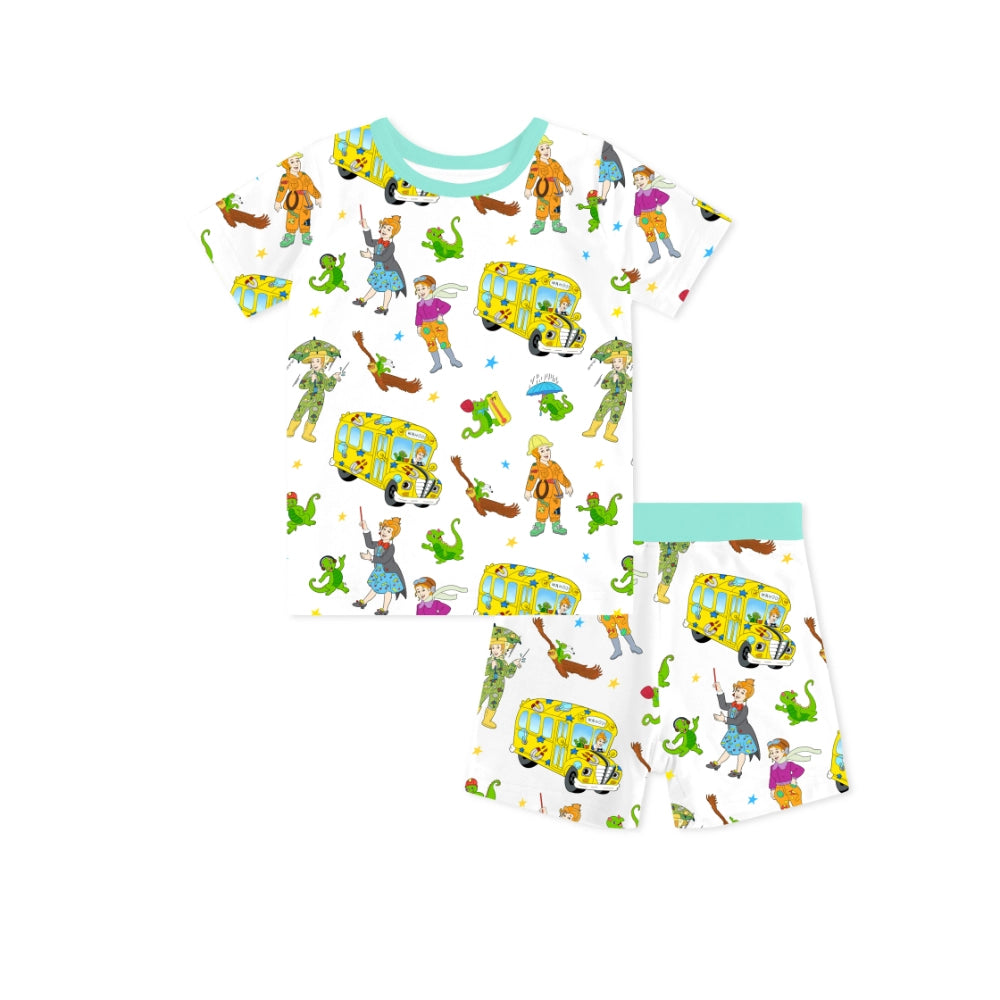 Magic Adventure School Bus Blue Kids Bamboo Short Two-Piece Pajama Set ...