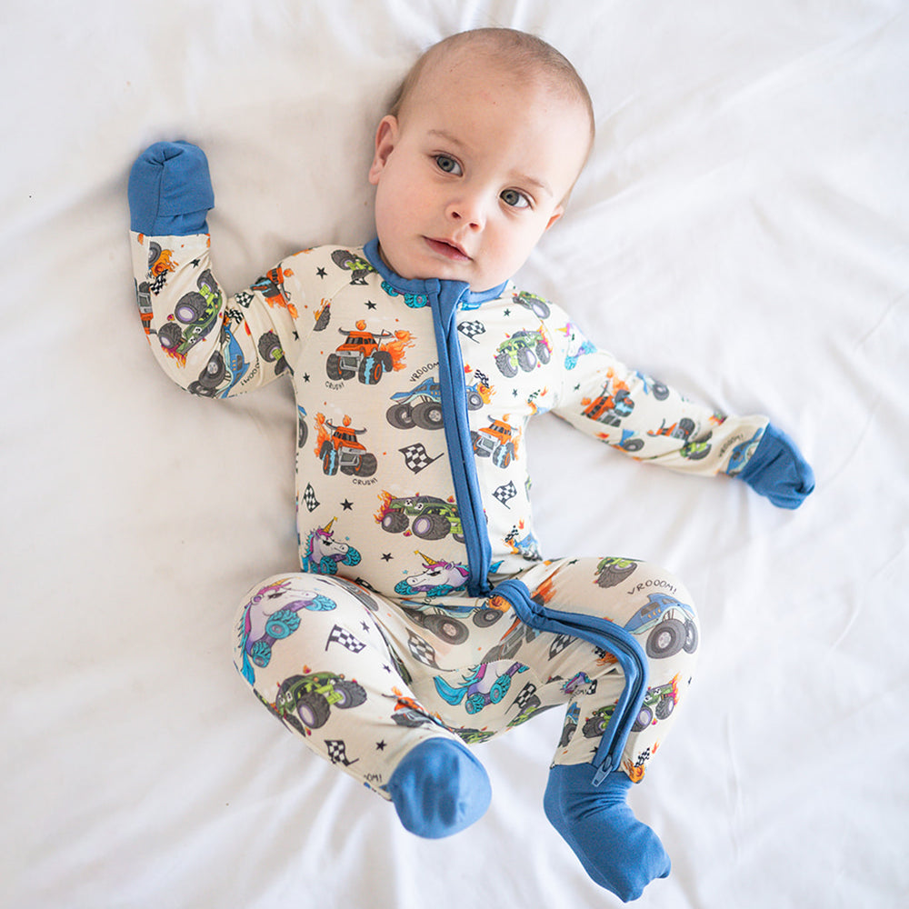 Monster Truck Blue Baby Bamboo Zipper Romper Pajamas – FancyPrince